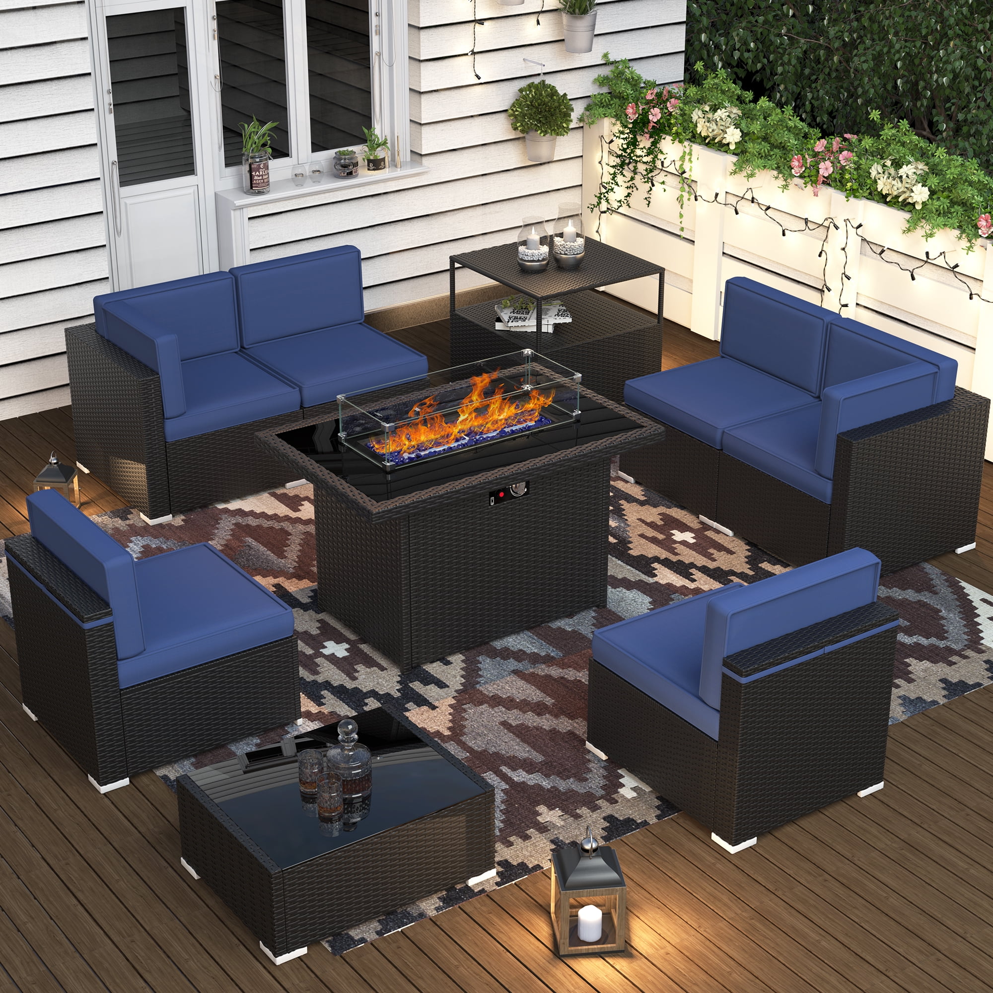 9 Piece Patio Furniture Set with 44" Propane Gas Fire Pit Table ...