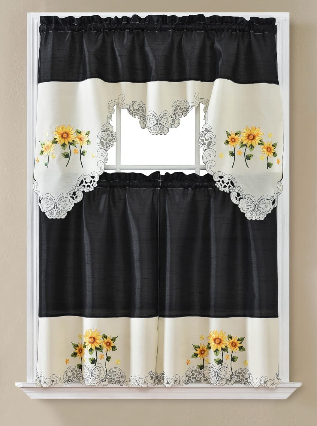 Sapphire Home 3 Piece Kitchen Curtain Linen set - 2 Tiers 30" W Total ...