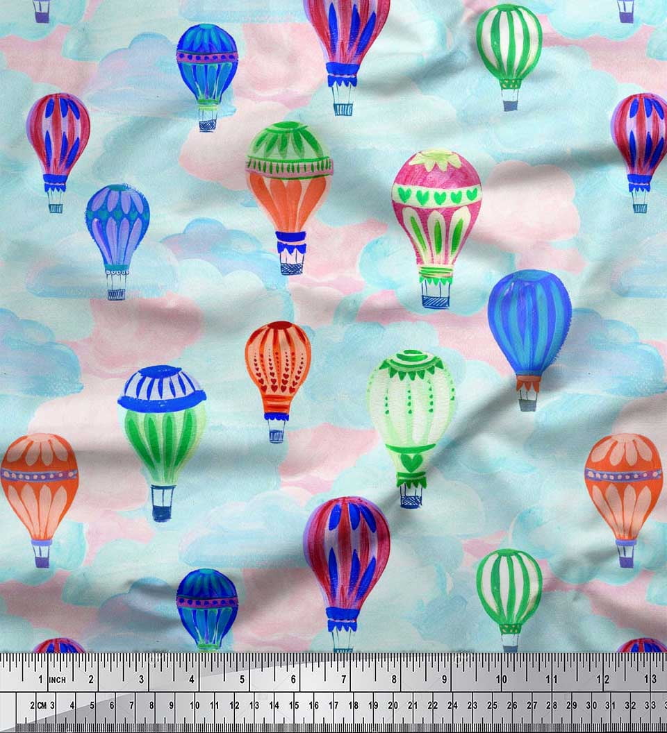 Soimoi Polyester Crepe Fabric Cloud & Hot Air Balloon Holiday Print ...