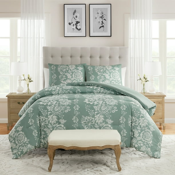 My Texas House Caroline 3-Piece Green Floral Slub Comforter Set, Full ...