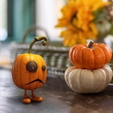 Halloween Pumpkin Face Statue Resin Decor with Fabric Leaves - Scary ...