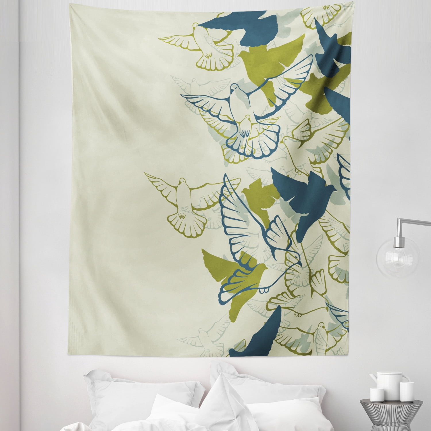 Birds Tapestry, Original Colored Image of a Flock Flying Pigeons in the ...