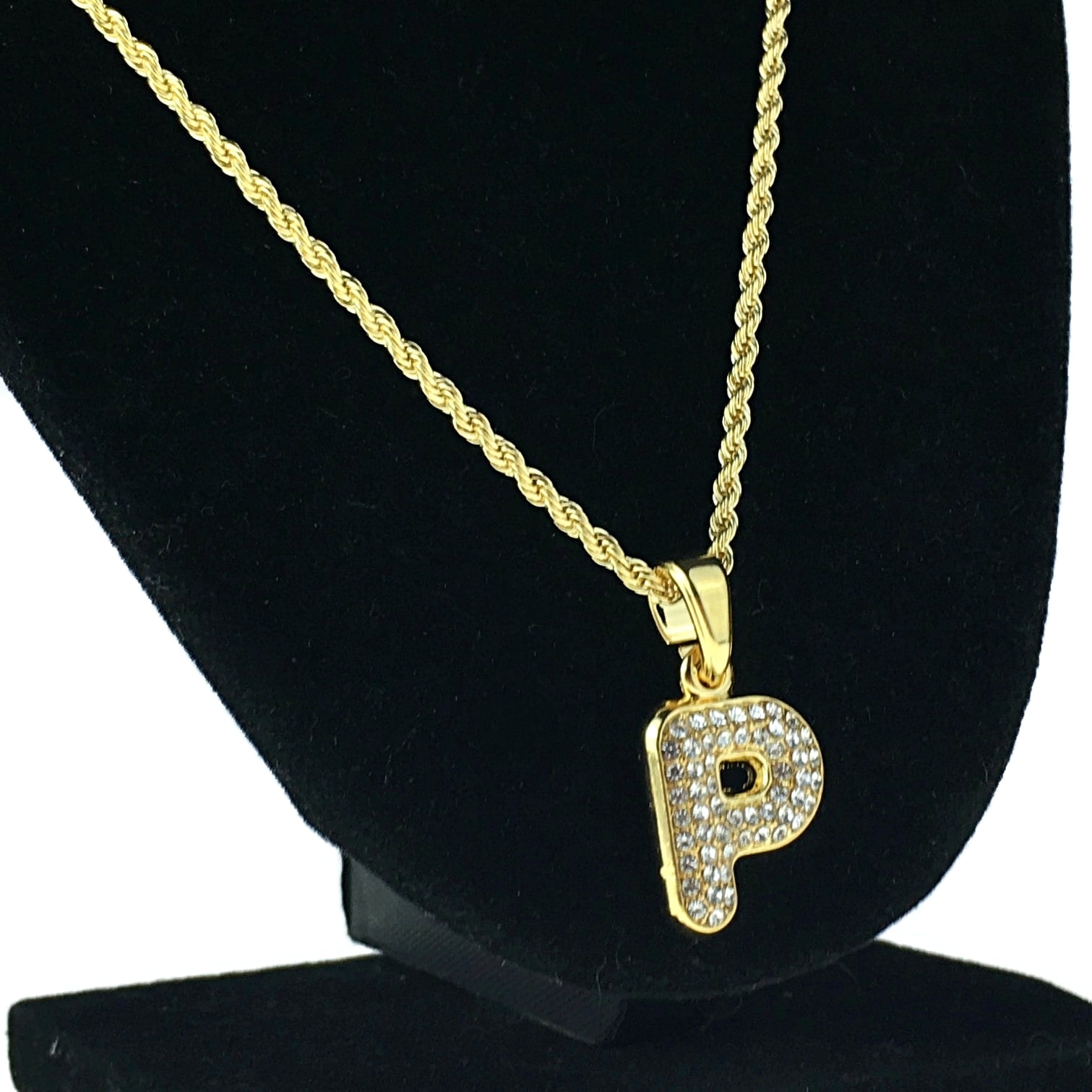 14K Gold Plated Micro Letter P Rope Chain Iced Initial Pendant Necklace ...