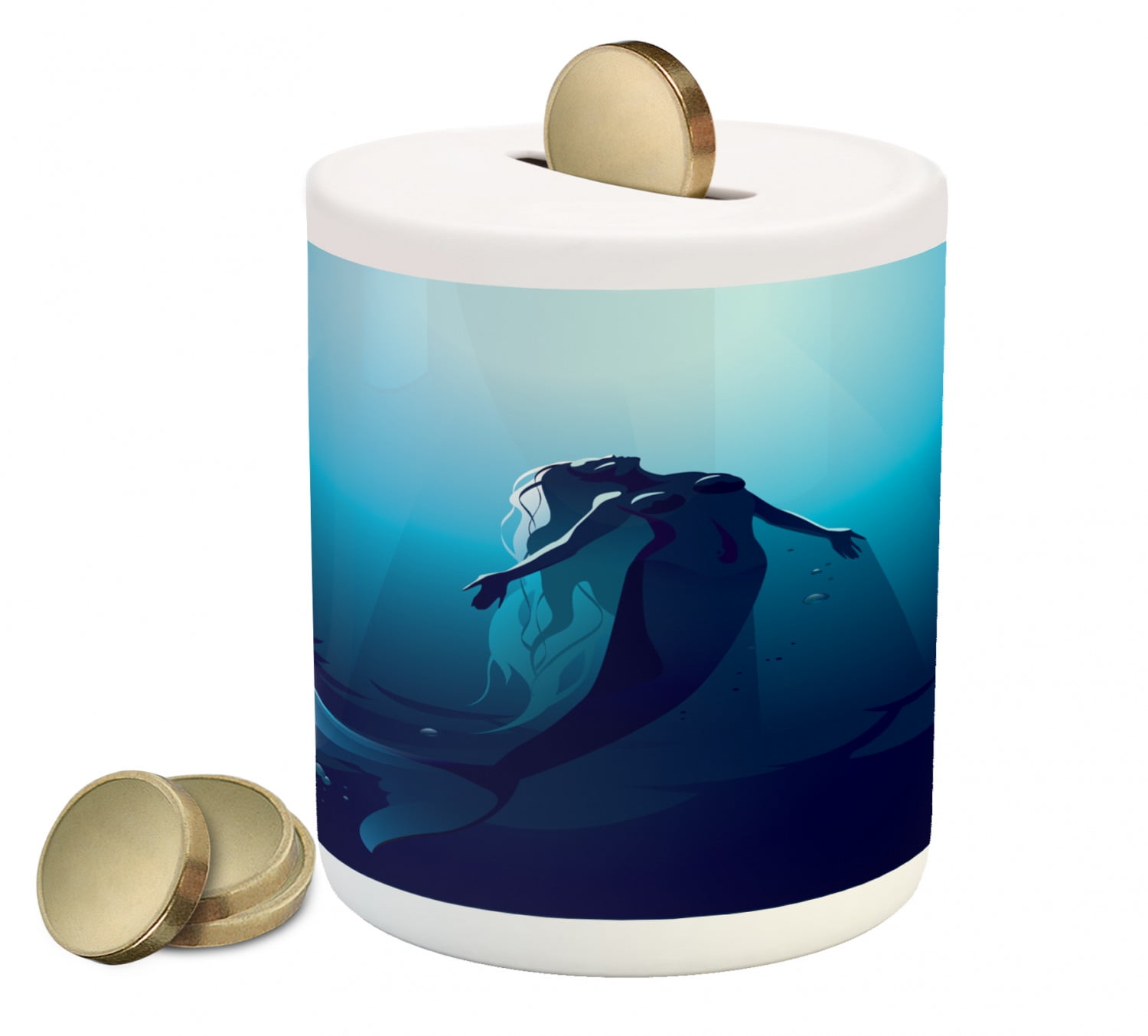 Underwater Piggy Bank, Fantasy Mermaid in the Deep Water Swimming up to ...