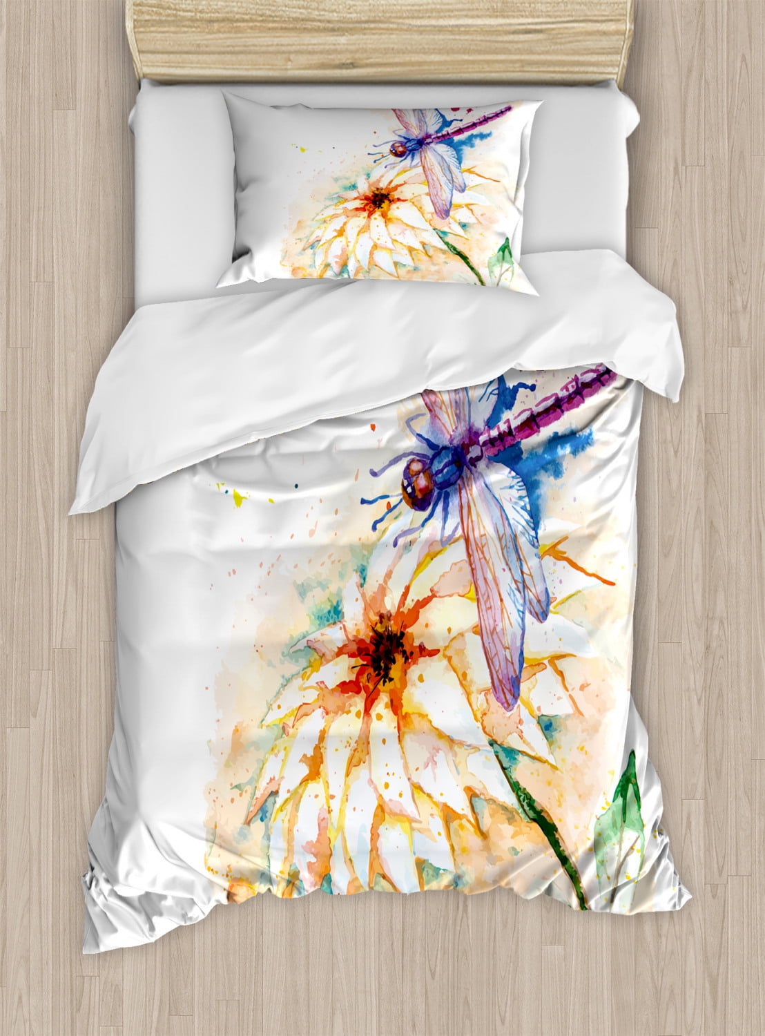 Dragonfly Duvet Cover Set Twin Size, Watercolor Stylized Lily Flower ...