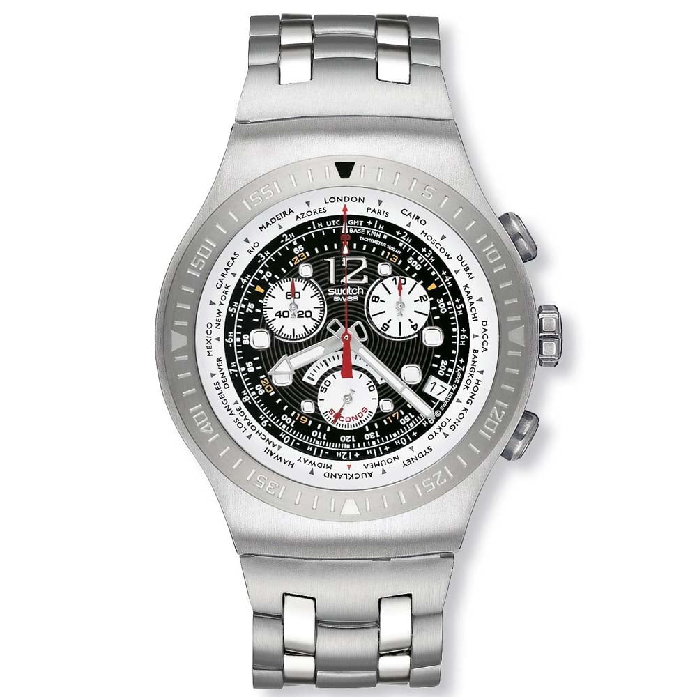 Swatch YOS414G Men's Stainless Steel Black Dial Chronograph World Timer ...