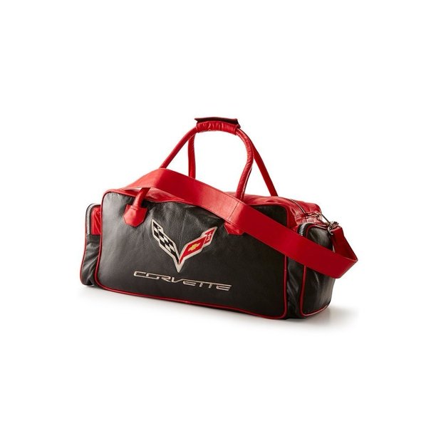 C7 Corvette Leather Duffel Bag with C7 Crossed Flags Logo Black and Red ...