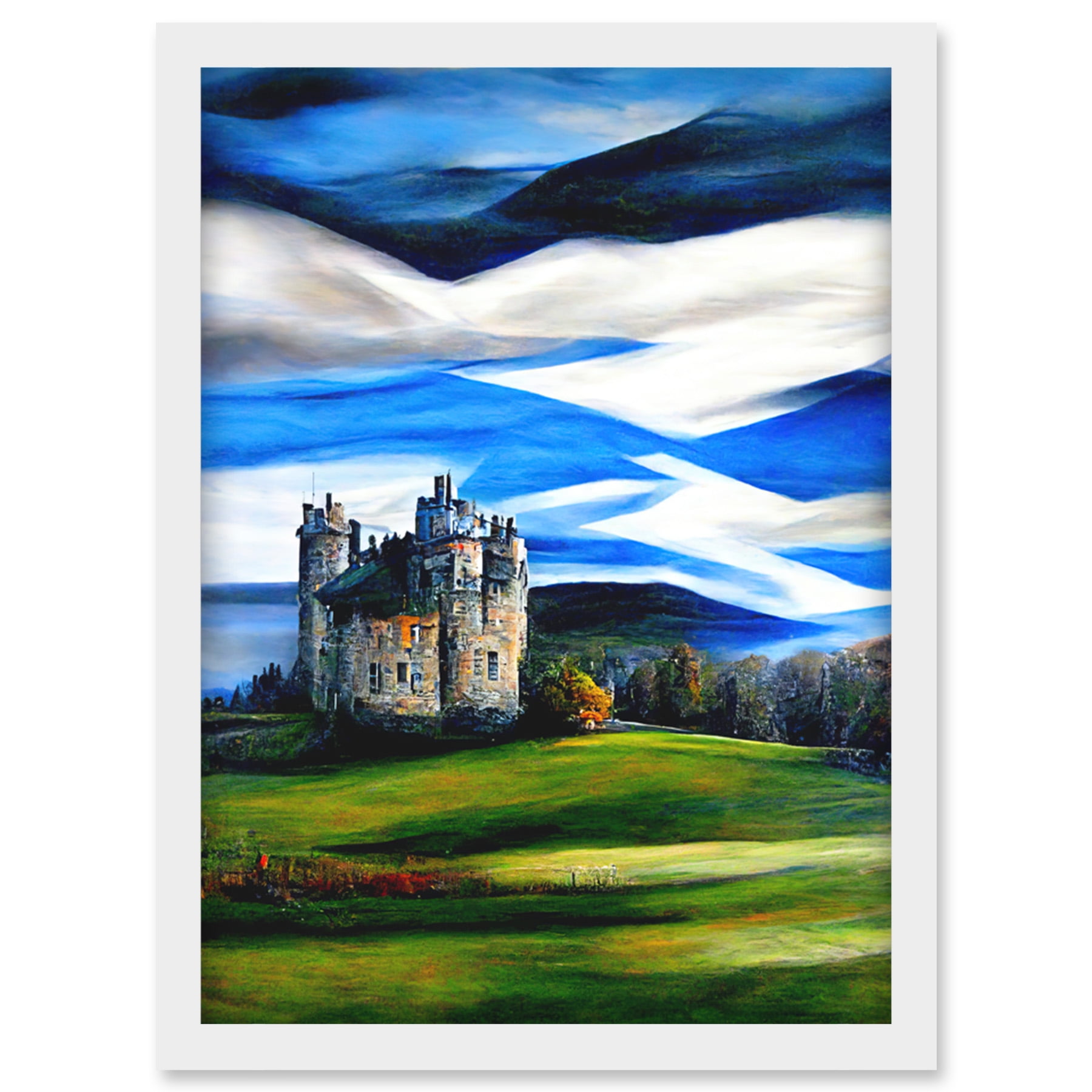 Modern Oil Paint Doune Scottish Castle Saltire Sky Artwork Framed Wall ...