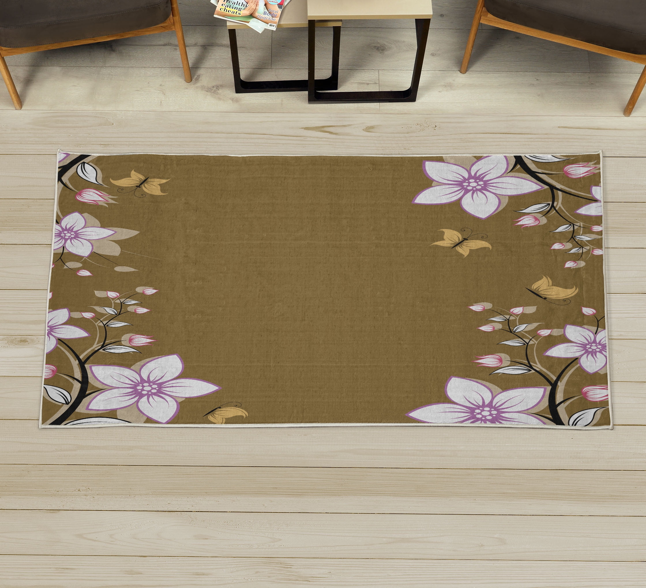 Floral Decorative Rug, Spring Flowers Leaves Branches Buds Butterflies ...