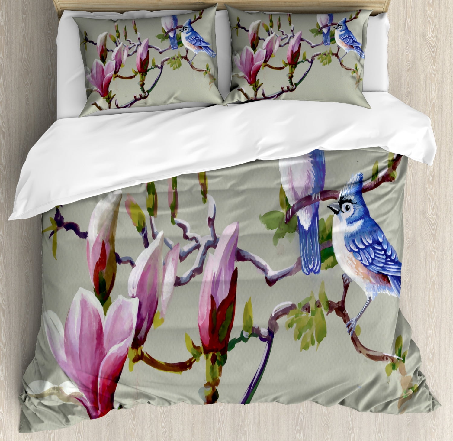 Magnolia Queen Size Duvet Cover Set, Waxwing Sparrow Birds Perching on ...
