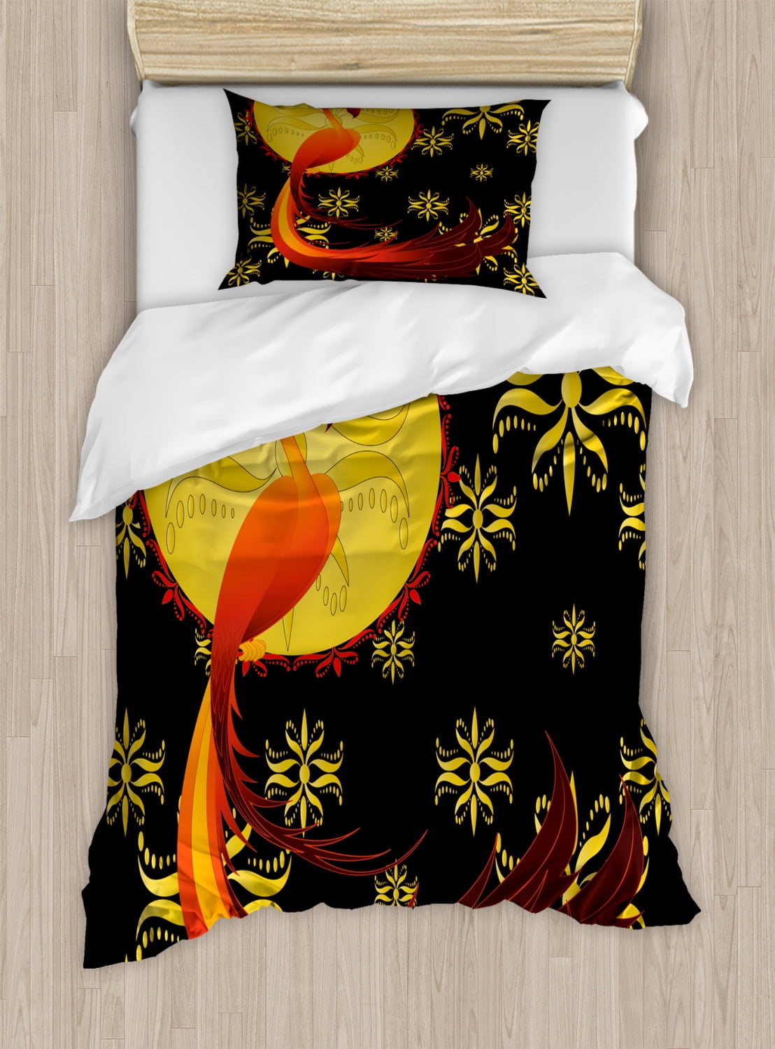 Birds Twin Size Duvet Cover Set, Mythical Fiery Phoenix Standing by the ...