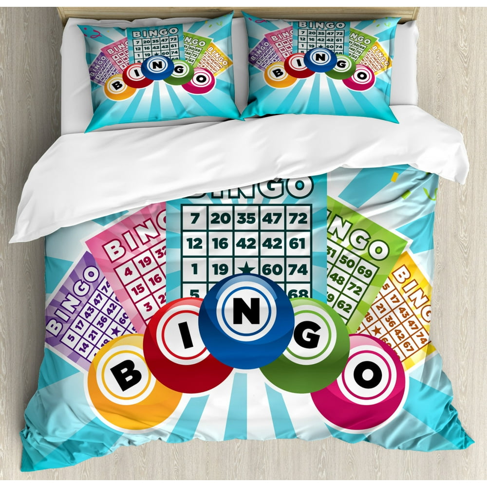 Bingo Duvet Cover Set Queen Size, Colorful Illustration of Bingo Cards ...