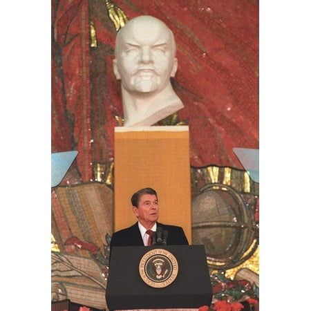 President Reagan Giving A Speech Beneath A Colossal Sculpture Of Lenin ...