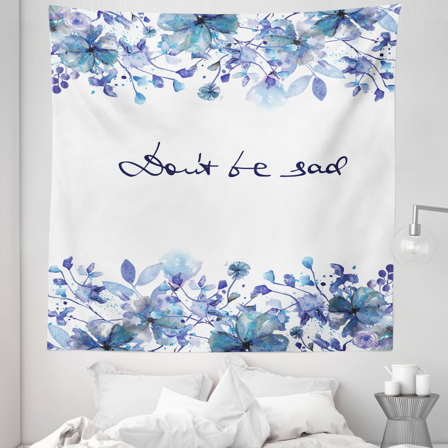 Watercolor Tapestry, Blue Flowers and Branches with Leaves Natural ...