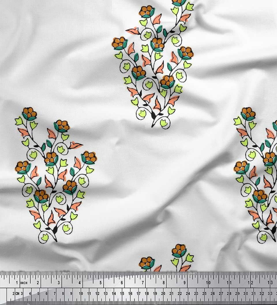 Soimoi Japan Crepe Satin Fabric Leaves & Floral Block Print Fabric by ...
