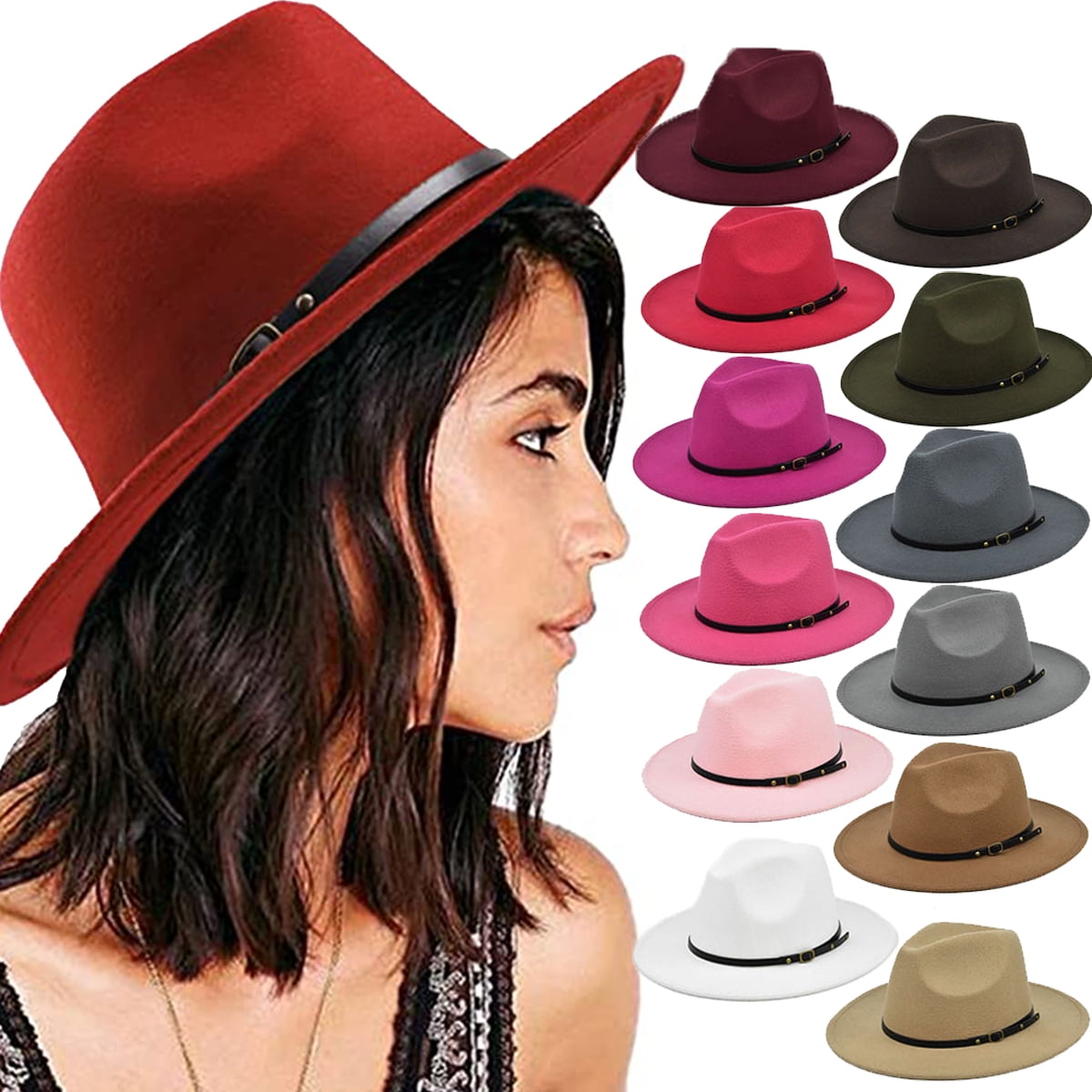 Fedora Hats for Women Belt Buckle Band Felt Soft Wide Brim Panama Hat ...