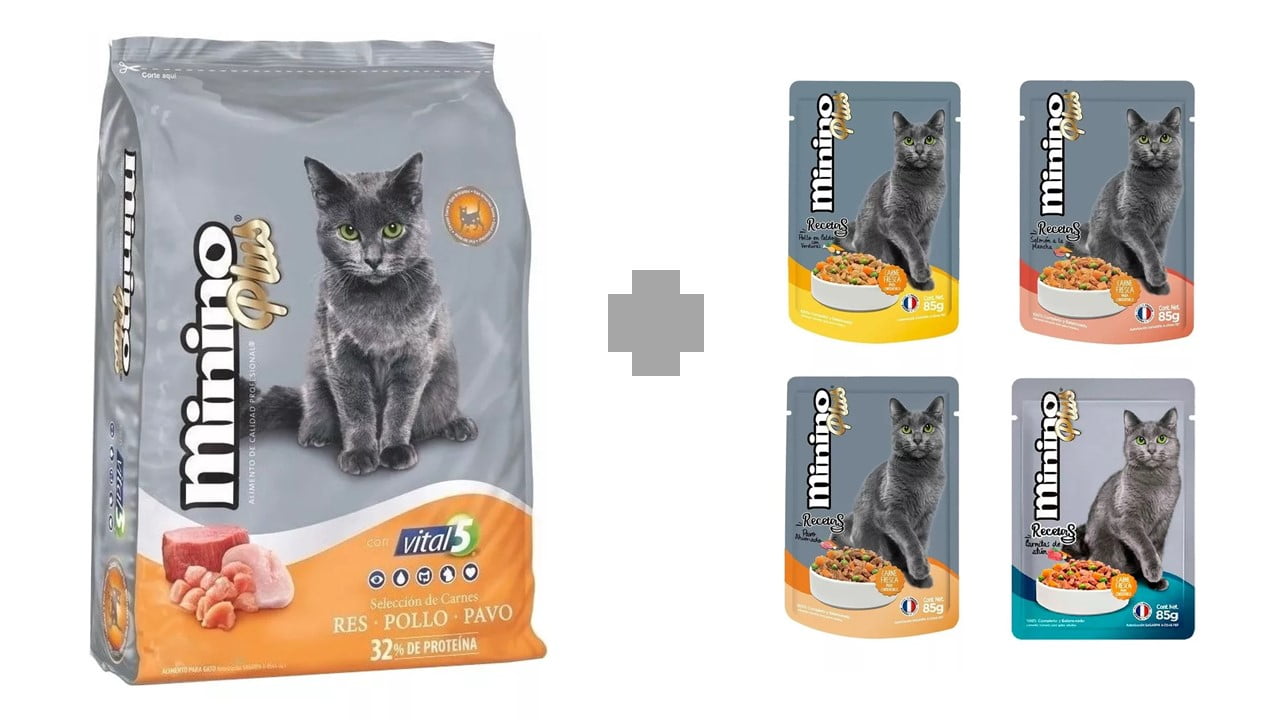 Paquete croqueta gato Minino Minino plus 10 kg + 10 sobres minino plus 85 gr | Walmart en línea
