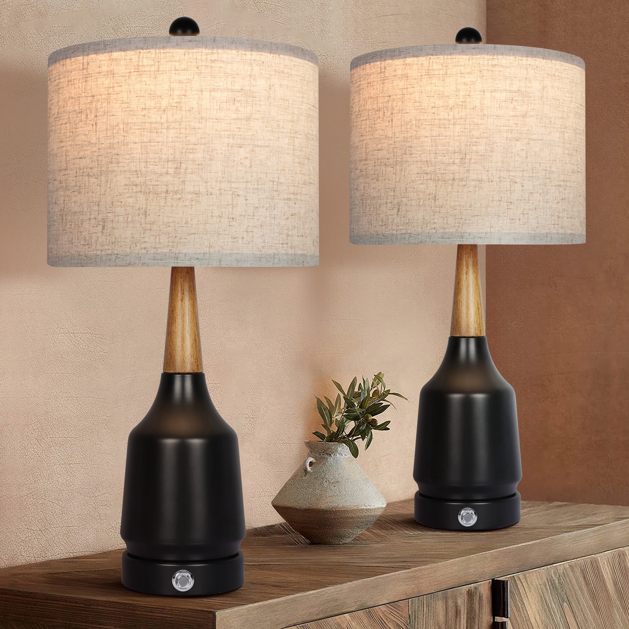 OUTON Metal Table Lamp Set of 2 Bedside Table Lamps with Wood Design ...