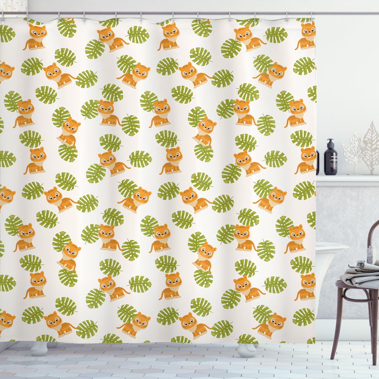 Tiger Shower Curtain, Repeating Cartoon Style Tiger Cub Silhouettes and ...
