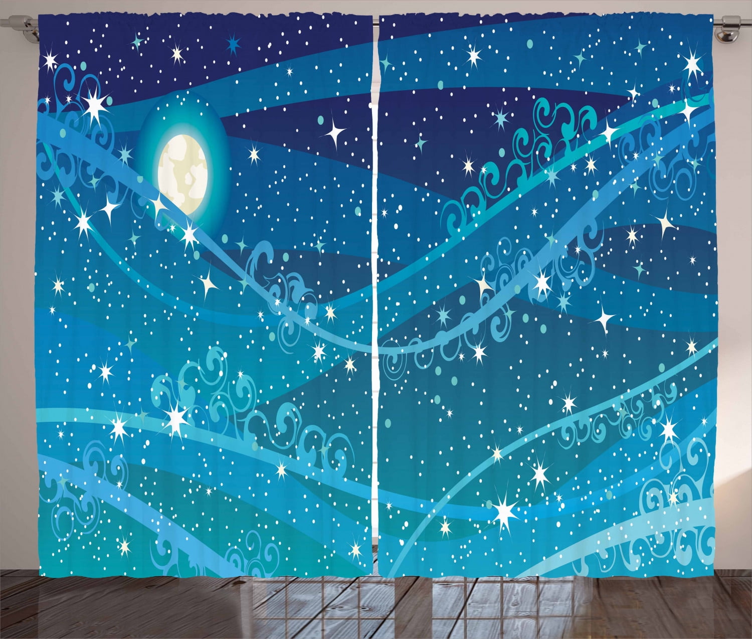Starry Night Curtains 2 Panels Set, Night Sky with Full Moon Astronomy ...