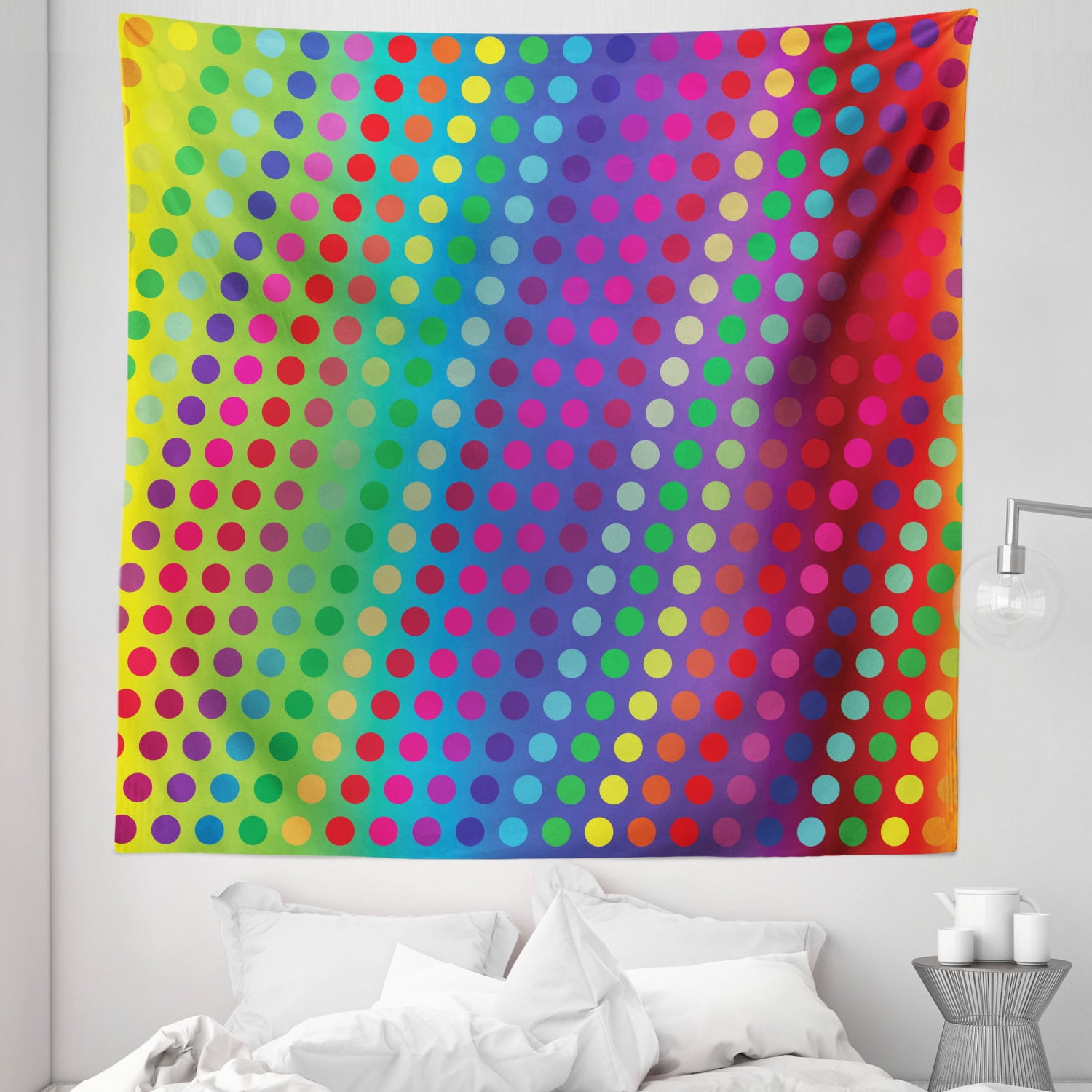 Dots Tapestry, Gradient Rainbow Shades Backdrop with Diagonally Aligned ...