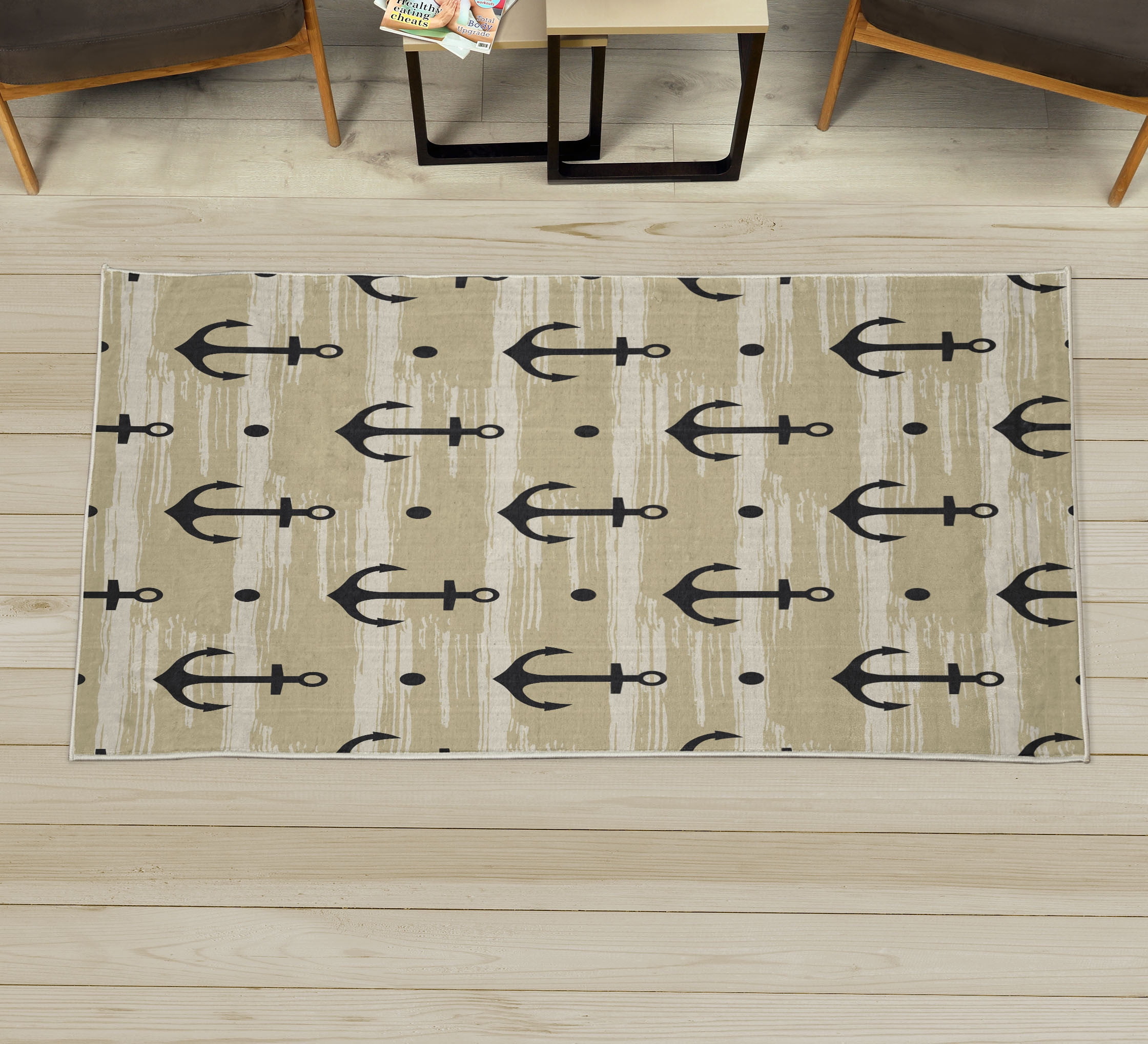 Marine Decorative Rug, Anchors and Skulls Crossed Bones Dots Pirate ...
