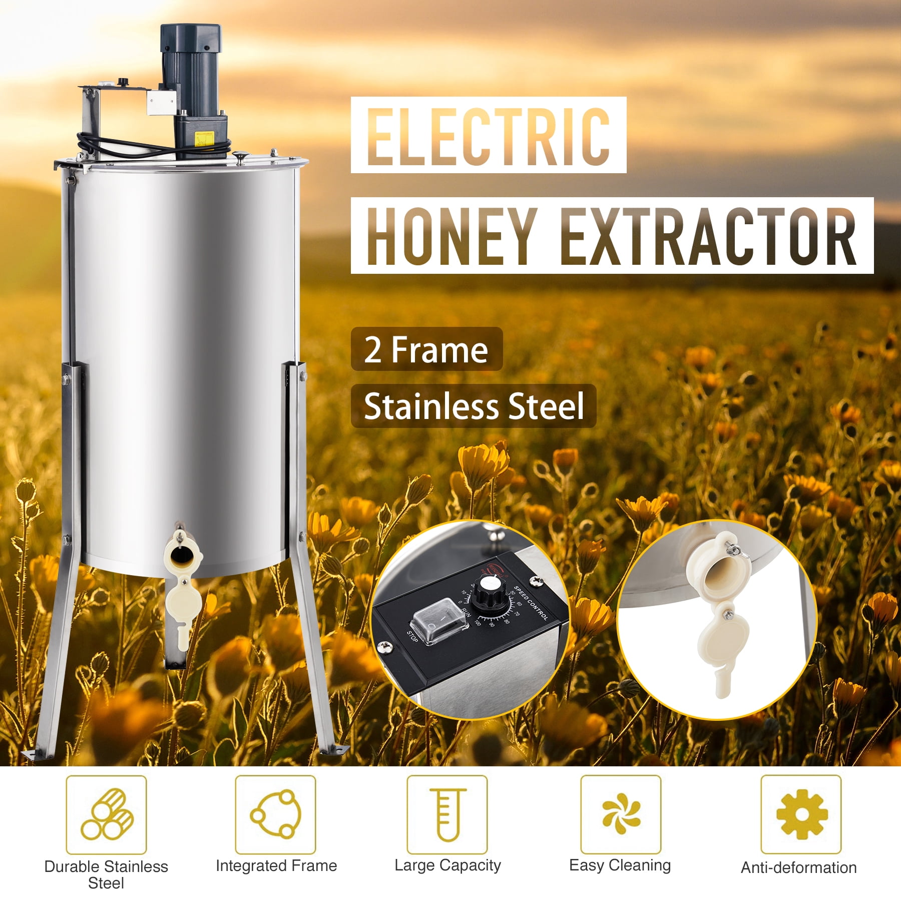 2-Frame Electric Honey Extractor Bee Honey Extraction Separator Drum w ...