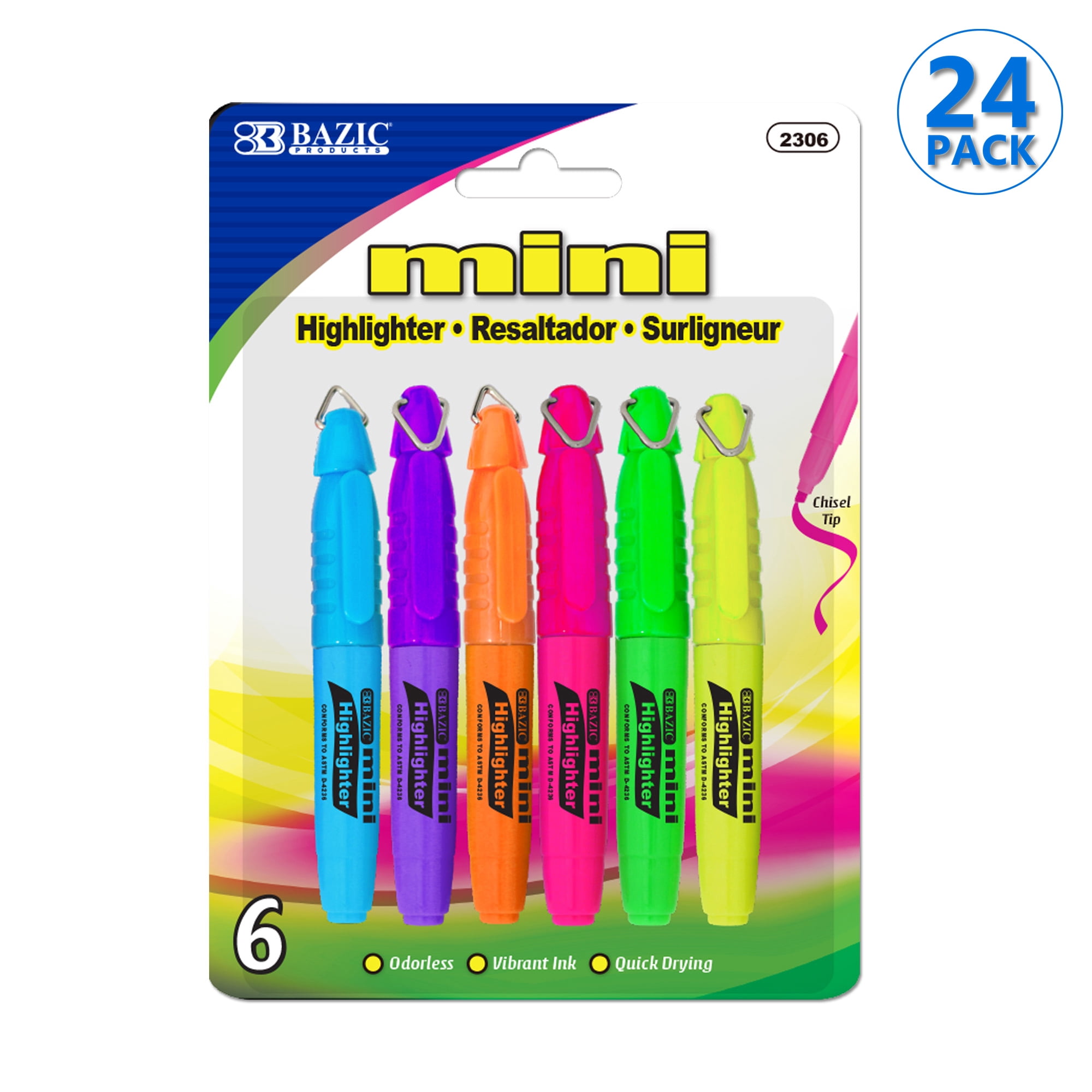 BAZIC Mini Highlighter Assorted Color Chisel Tip Marker (5/Pack), 24 ...