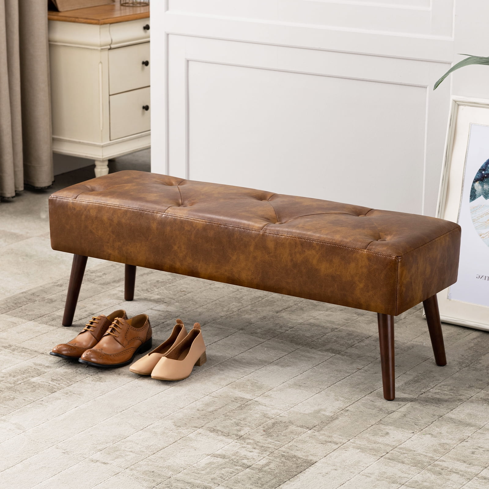 Furniliving Leather Entryway Bench Upholstered Long Bedroom Ottoman ...