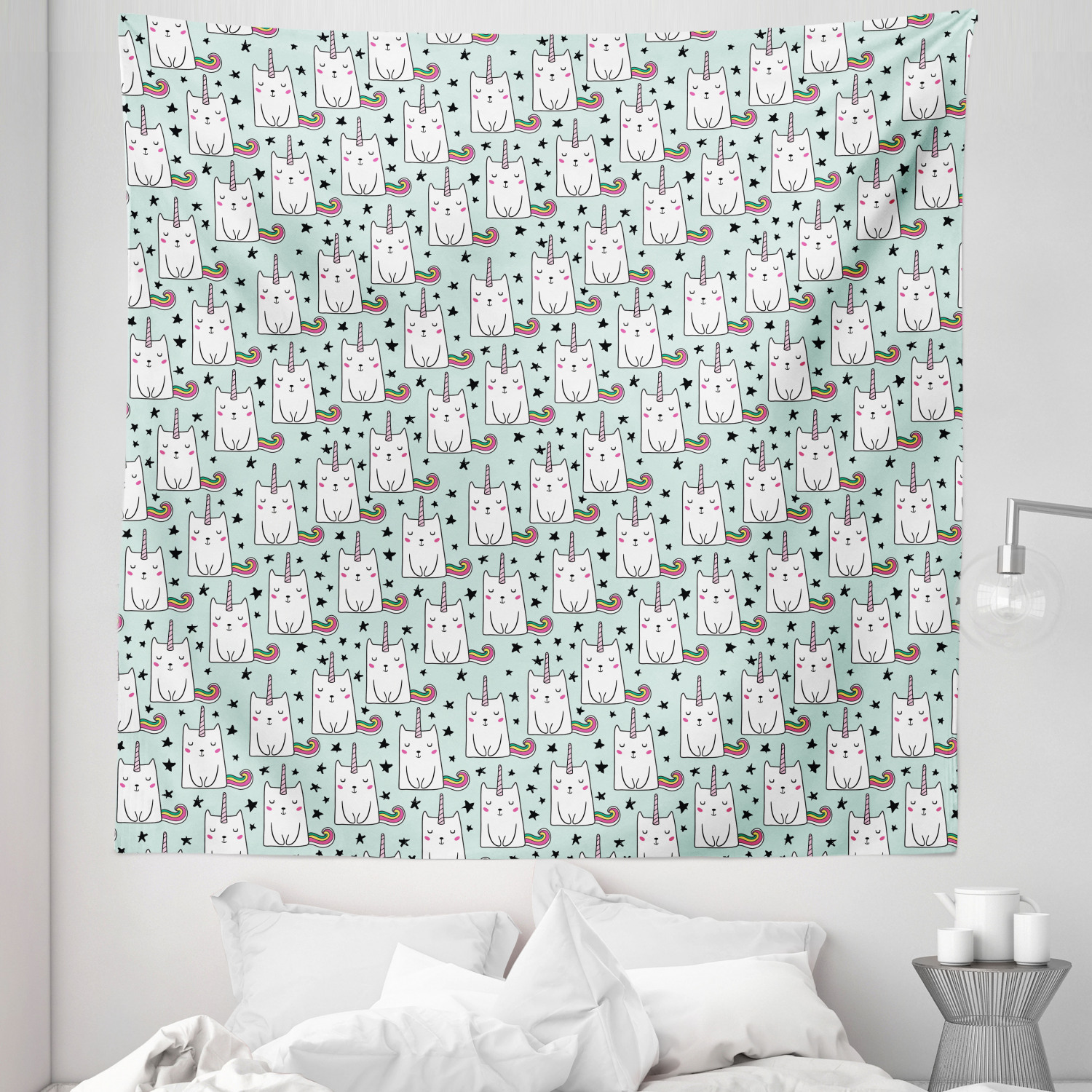 Cat Tapestry, Hand Drawn Star Filled Background Feline with Unicorn ...