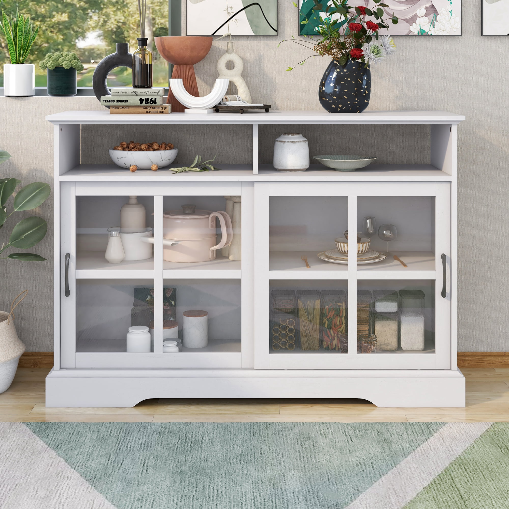 Sideboard Buffet Table with 2 Glass Sliding Doors, Wood Console Table ...