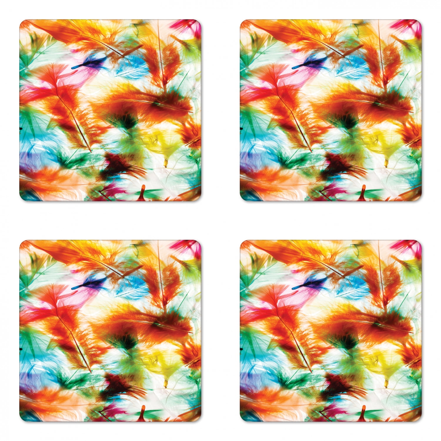 Colorful Coaster Set of 4, Psychedelic Blurry Mix of Feathers Pure ...