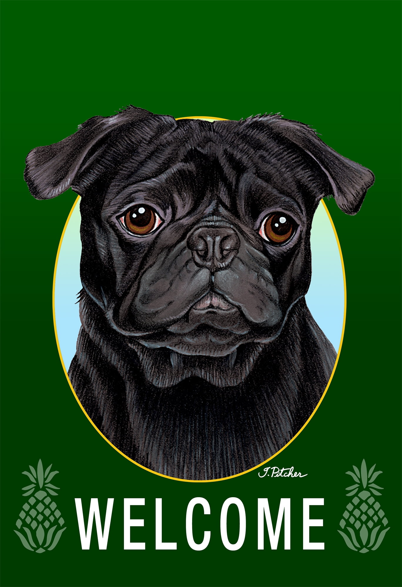 Pug Black - Best of Breed Welcome Pineapples Garden Flags. Flag is 12 ...