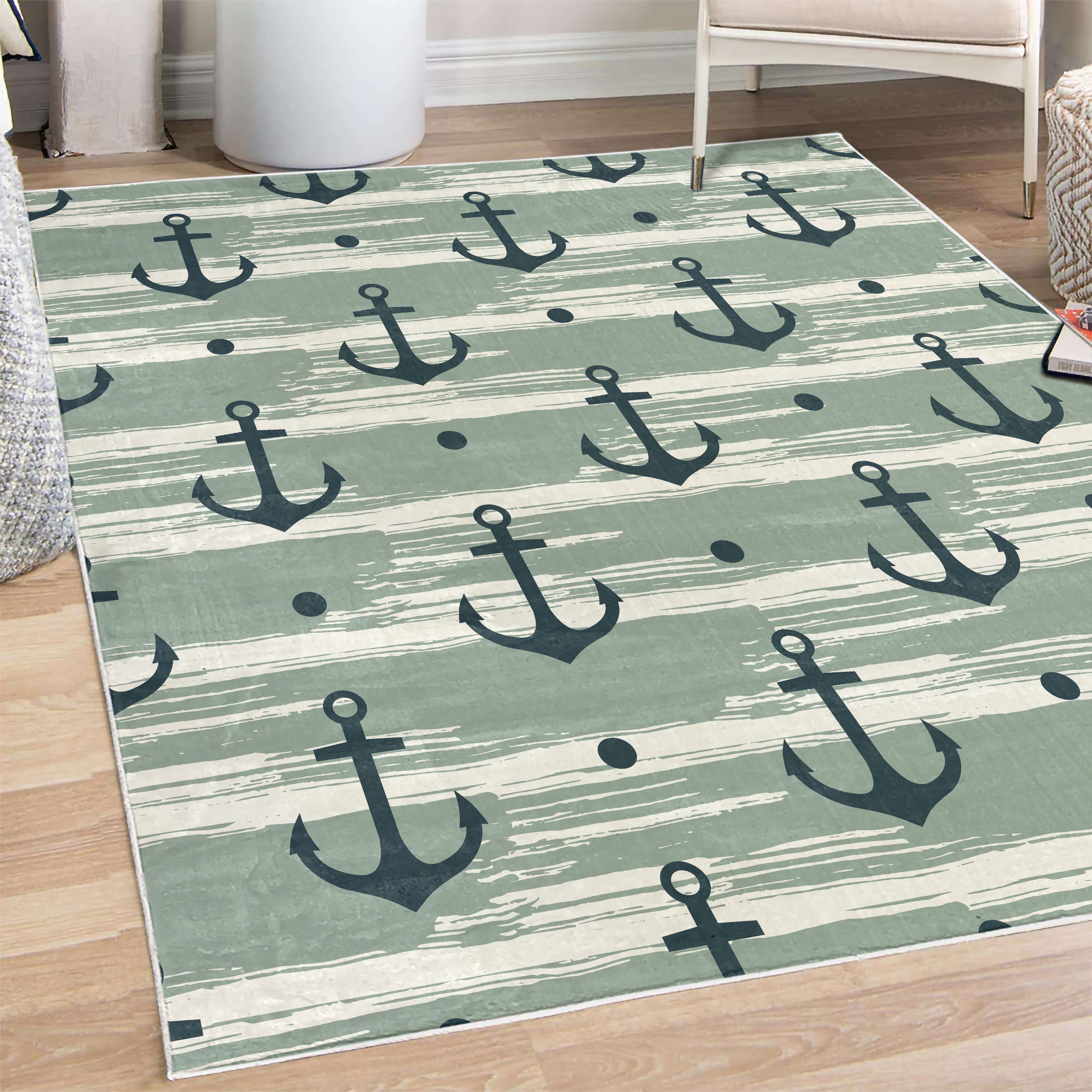 Marine Decorative Rug, Anchors and Skulls Crossed Bones Dots Pirate ...