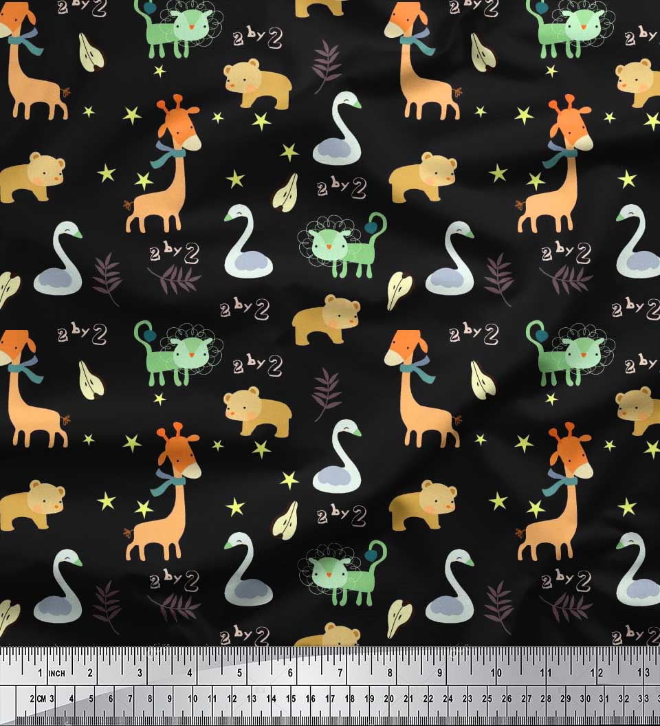 Soimoi Black Silk Fabric Leaves,Star & Cute Animals Kids Print Fabric ...