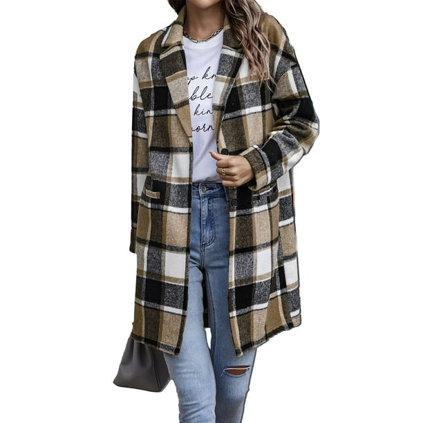 Fantaslook Shacket Women Plaid Shirt Jacket Button Lapel Wool Blend