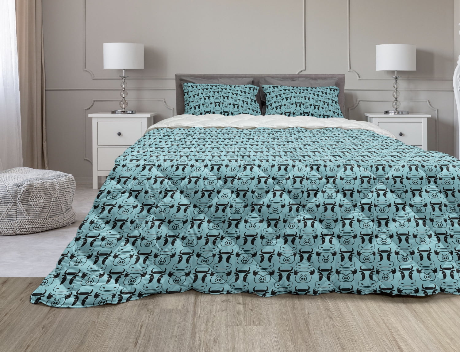 Blue and Black Comforter & Sham Bedding Set, Cow and Pig Pattern Head ...