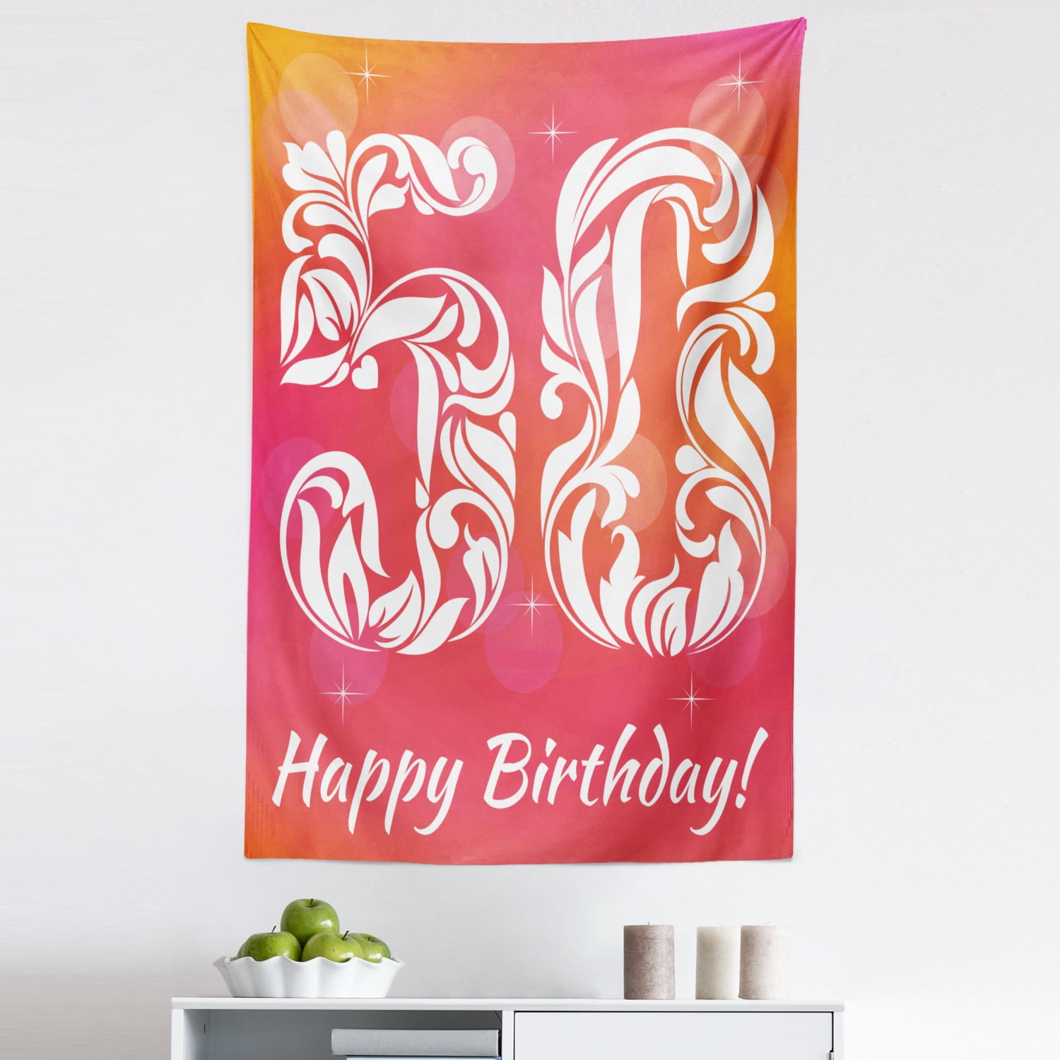 50th Birthday Tapestry, Vibrant Backdrop Font Floral Swirls and Stars ...