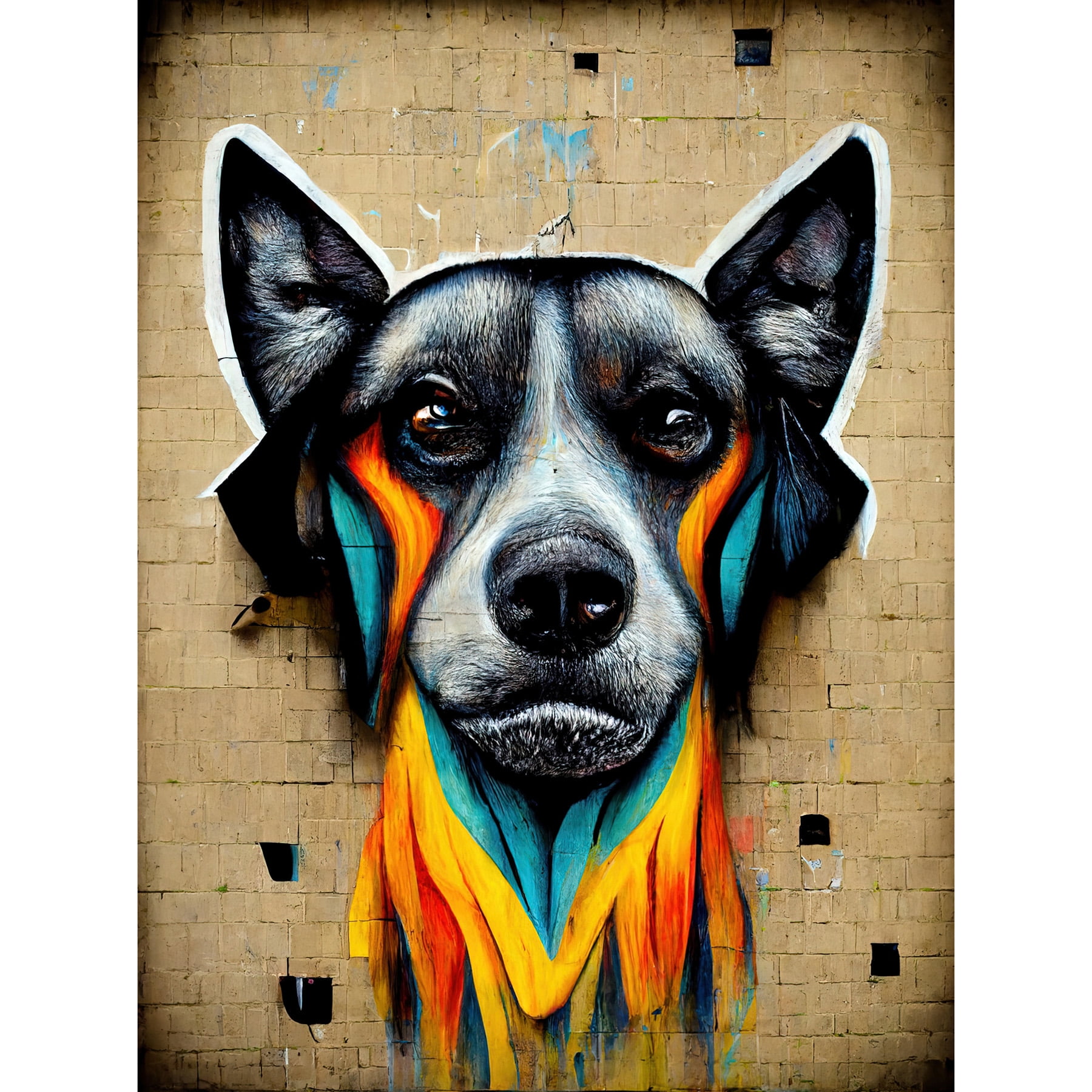 Graffiti Street Art Dog Mural Yellow Orange Teal Unframed Wall Art ...