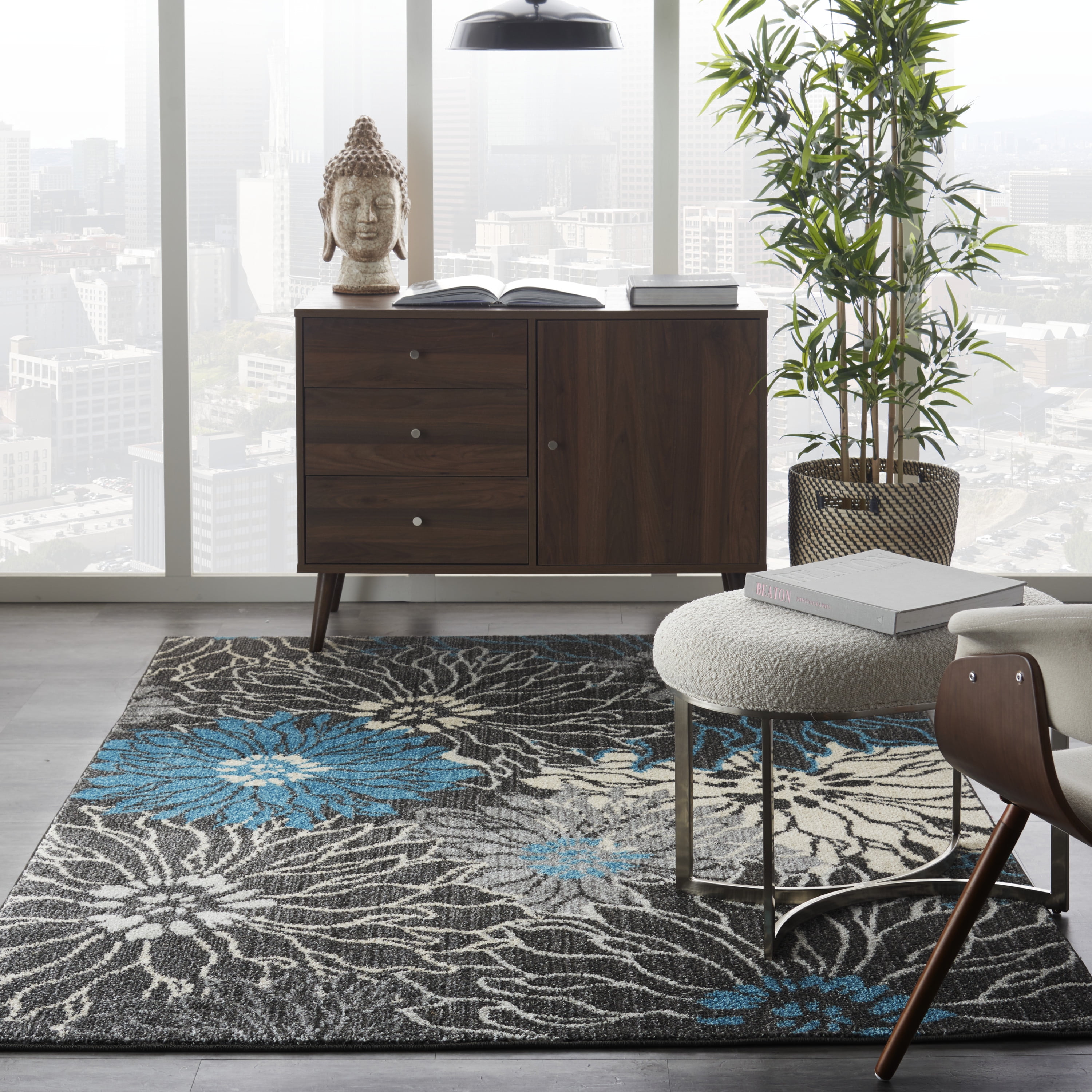 Nourison Passion Floral Charcoal/Blue 5'3" x 7'3" Area Rug, (5x7 ...