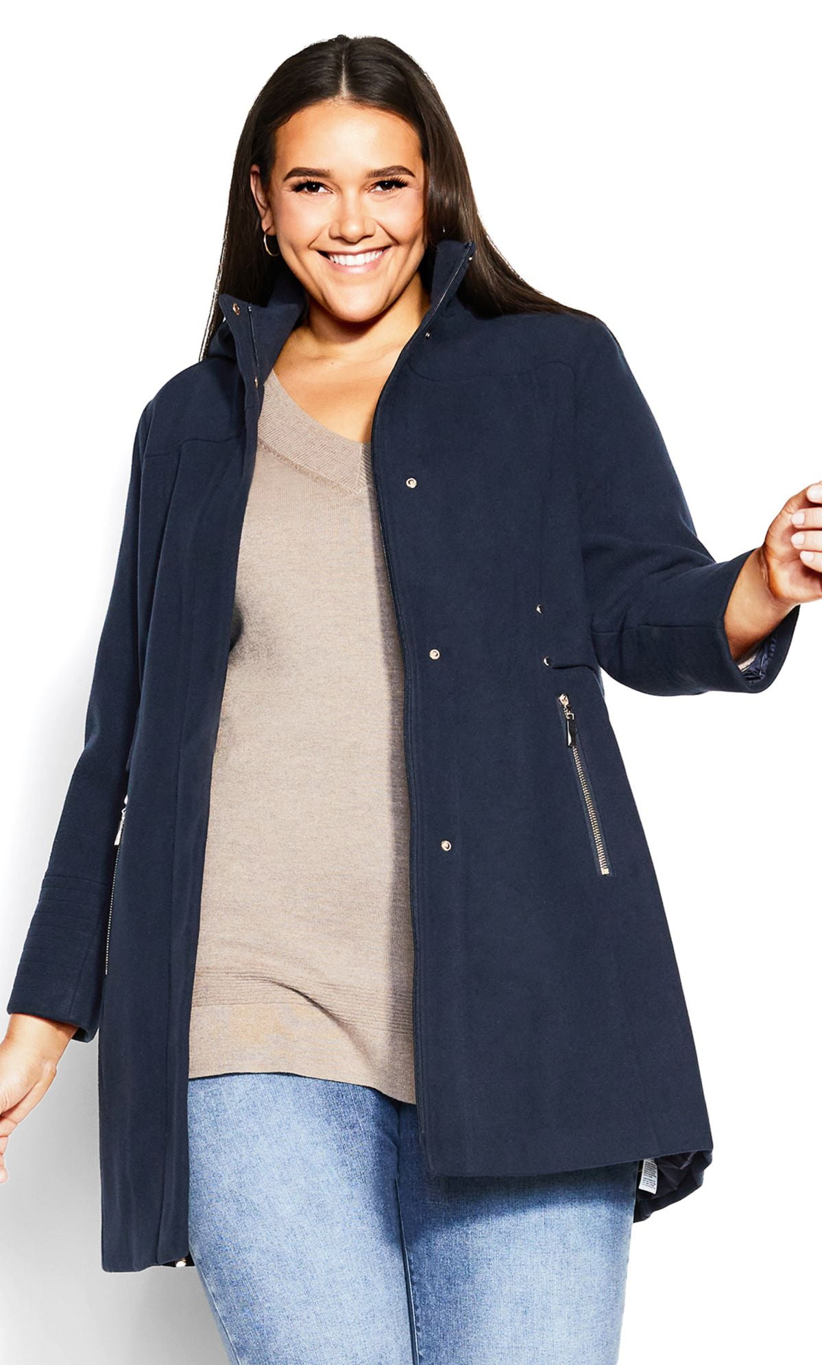 Avenue Women's Plus Size Faux Wool Hooded Full Zip Plain Coat - Walmart.com