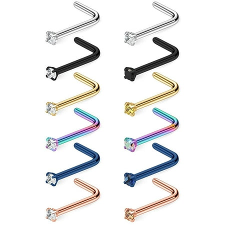 12PCS 22G Mix Color Stainless Steel Diamond CZ Nose Studs Rings L ...