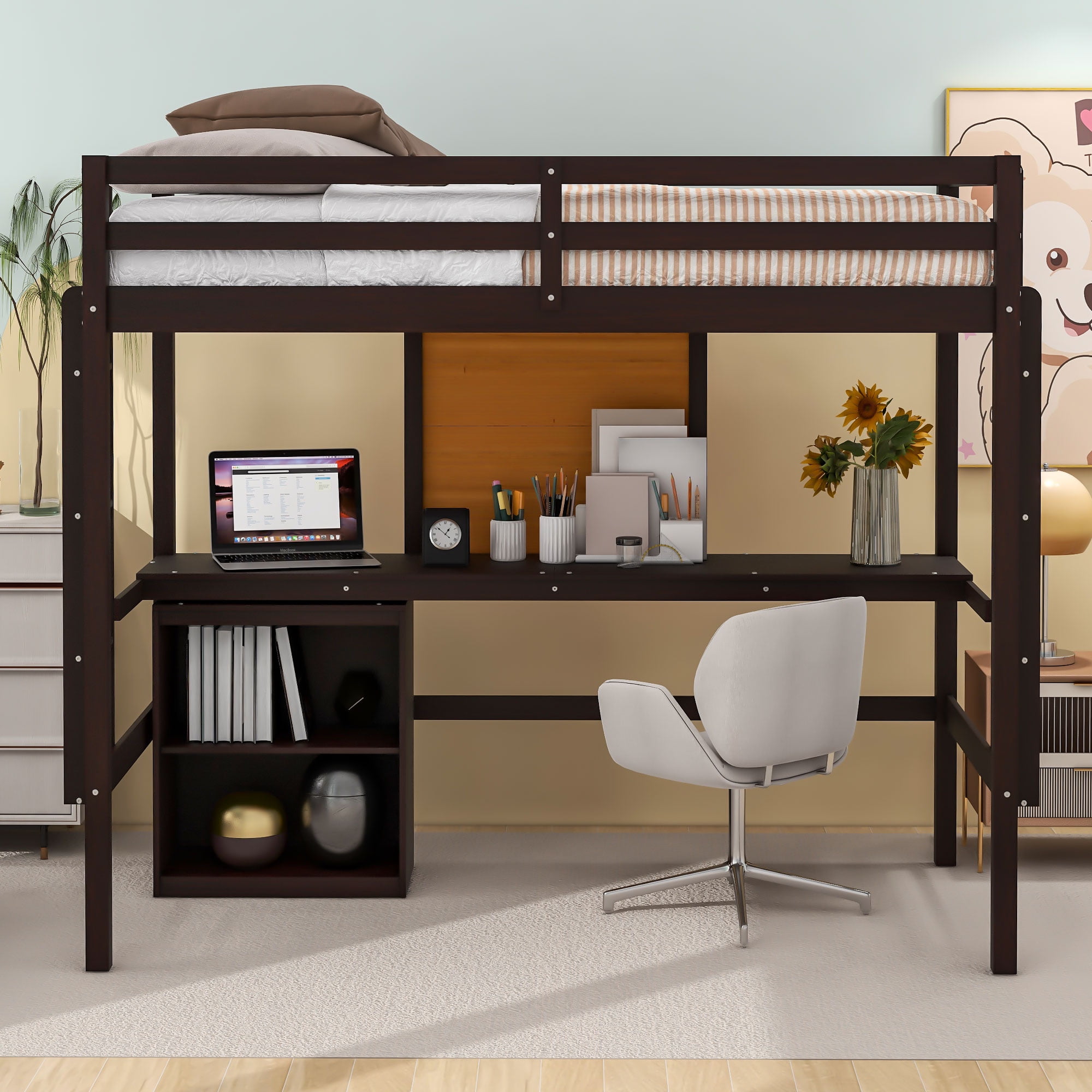 Twin Loft Bed with Desk Bookcase Storage Cabinet, Solid Wood Slat Bed ...