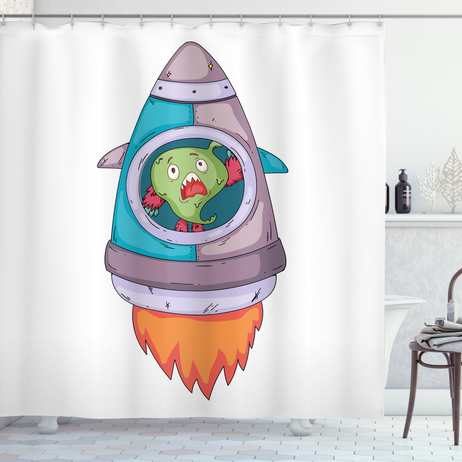 Alien Shower Curtain, Extraterrestrial Being Stuck Rocket Space Travel ...