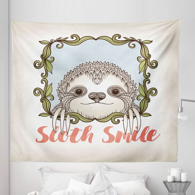 Sloth Tapestry, Exotic Animal in Floral Frame Smile Theme Mammal ...