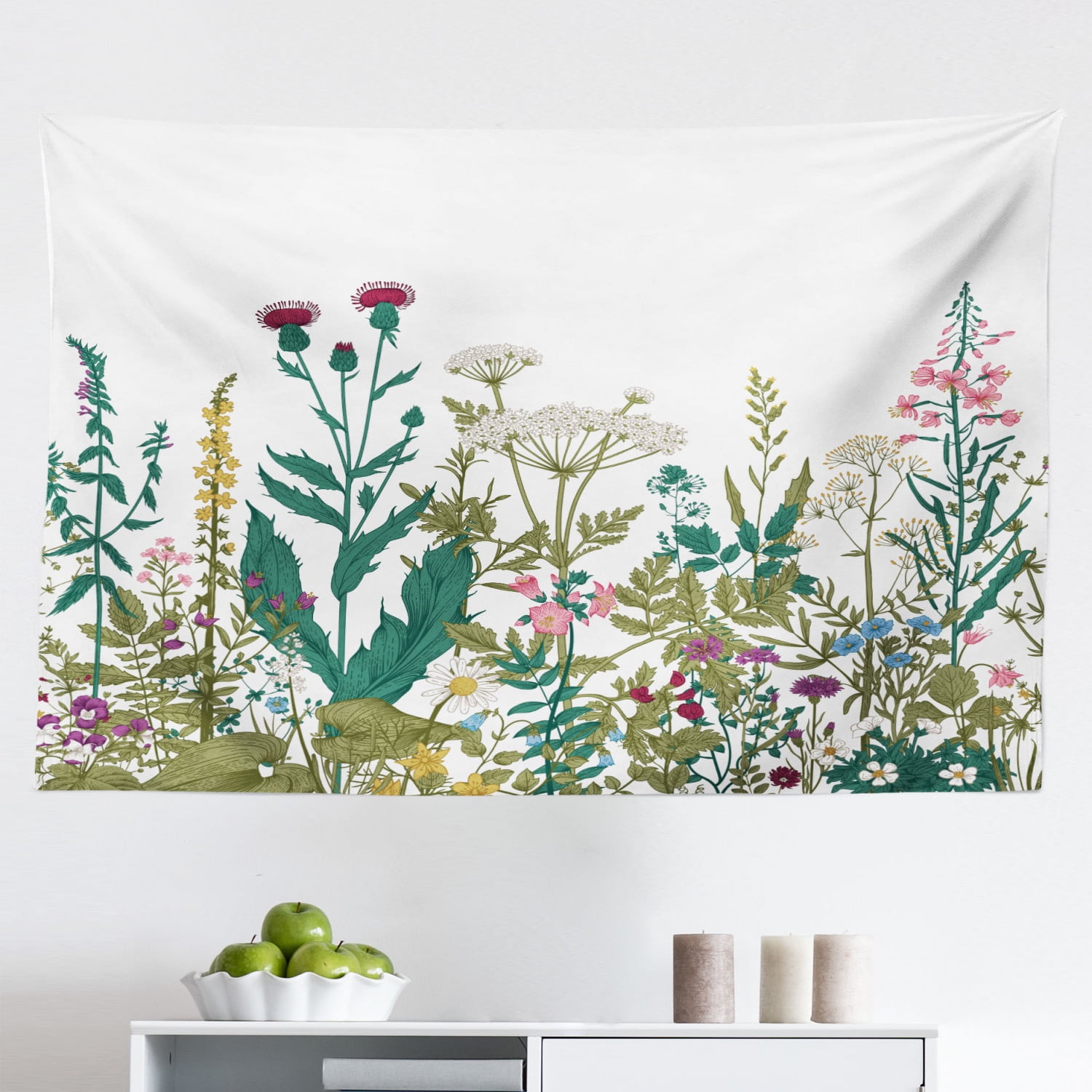 Flower Tapestry, Flower Garden in Nature Art with Leaves Royal Mallows ...
