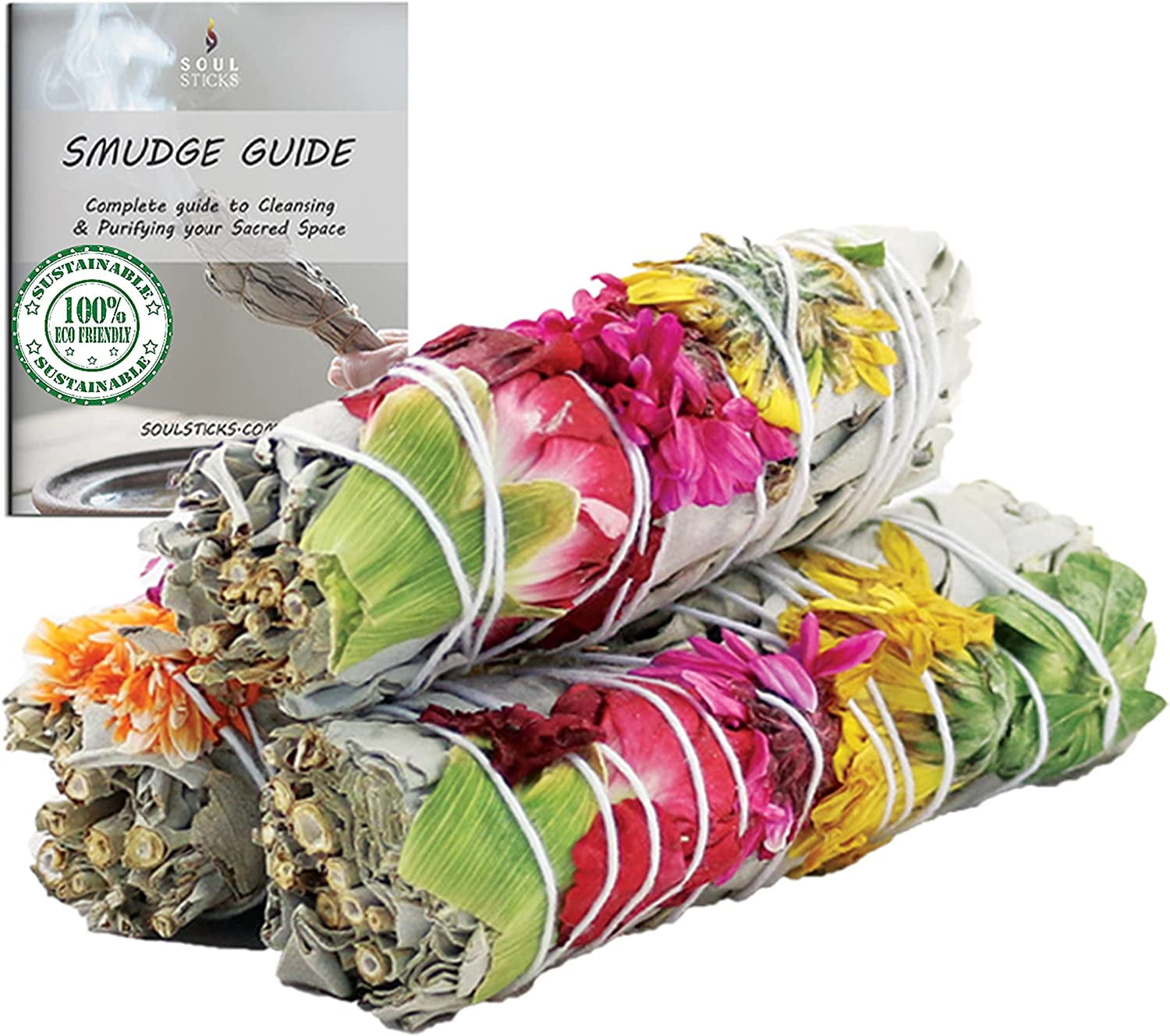 3 Pack Floral White Sage Smudge Sticks with Smudging Guide | JOY ...