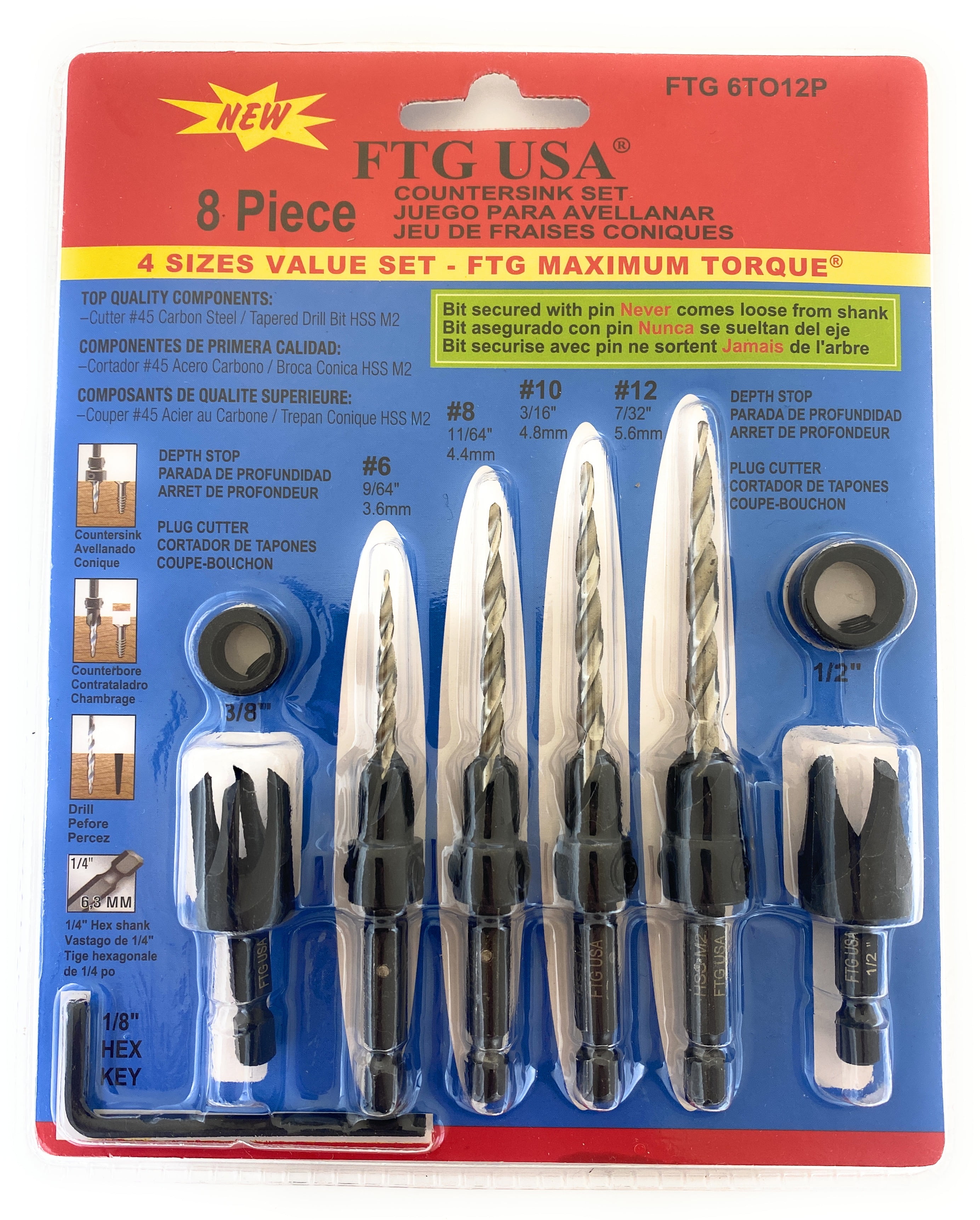 FTG USA Wood Countersink Drill Bit Set #6#8#10#12, 2 Plug Cutter 3/8 ...
