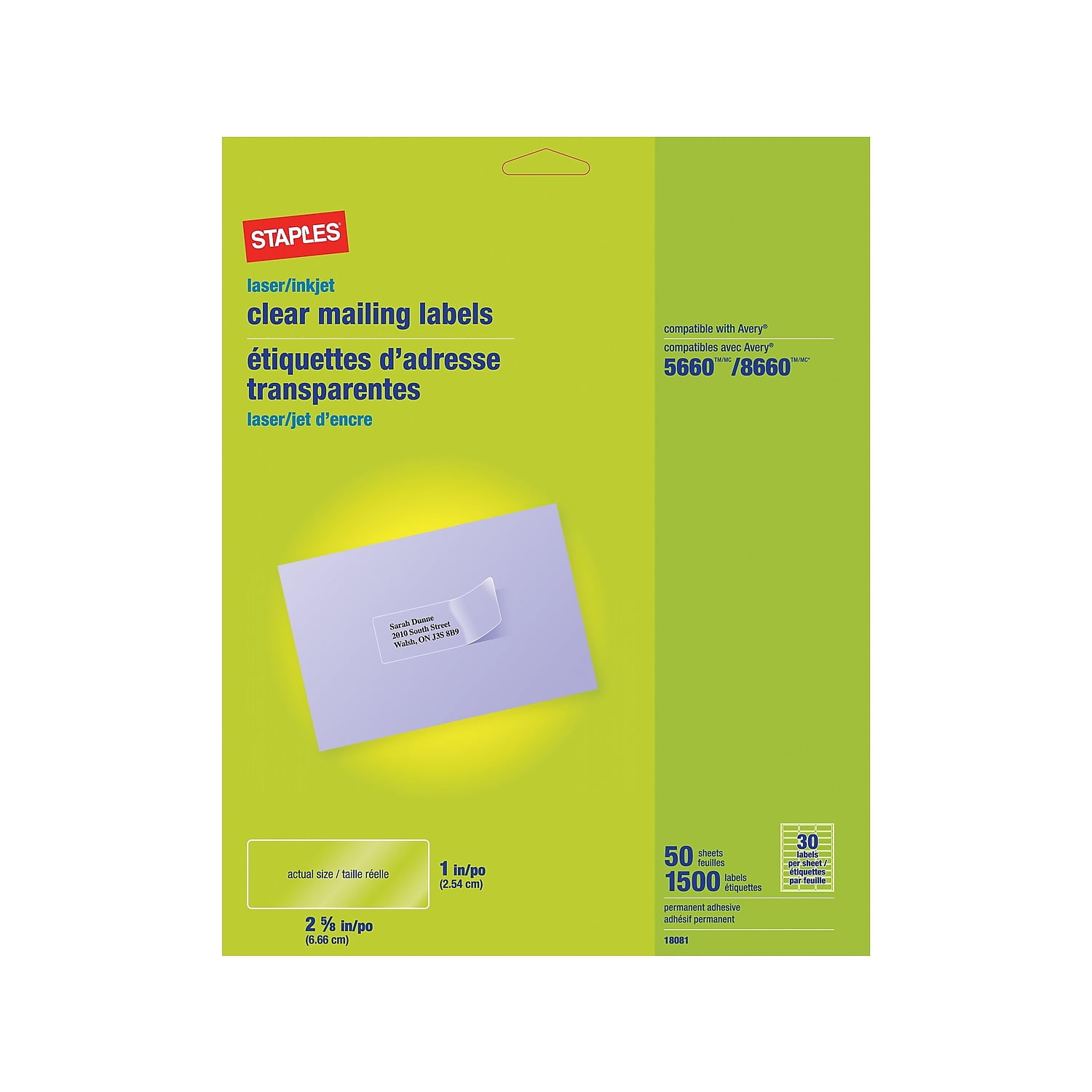 Staples Laser/Inkjet Address Labels 1" x 2 5/8" Clear 30 Labels/Sheet ...