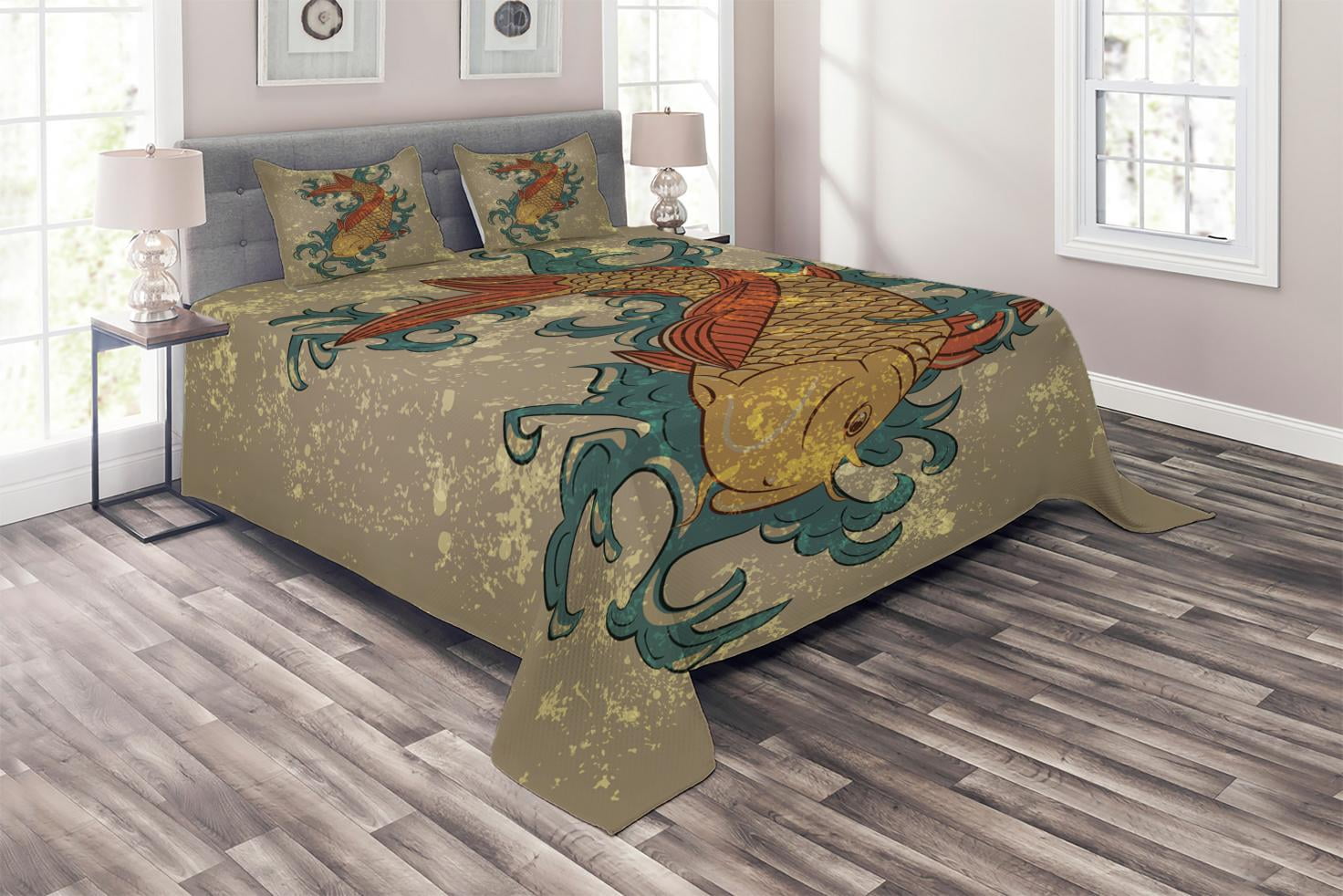 Ambesonne Japanese Quilted Coverlet 3 Pcs, Koi Fish Art, King Size ...